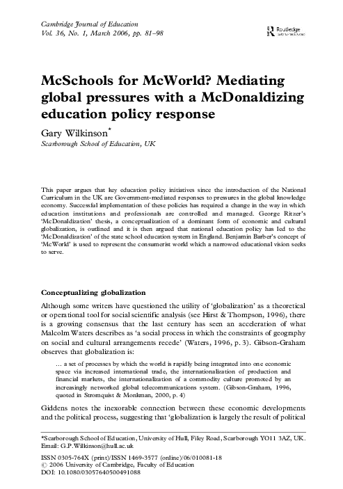 (PDF) McSchools for McWorld? Mediating global pressures with a ...