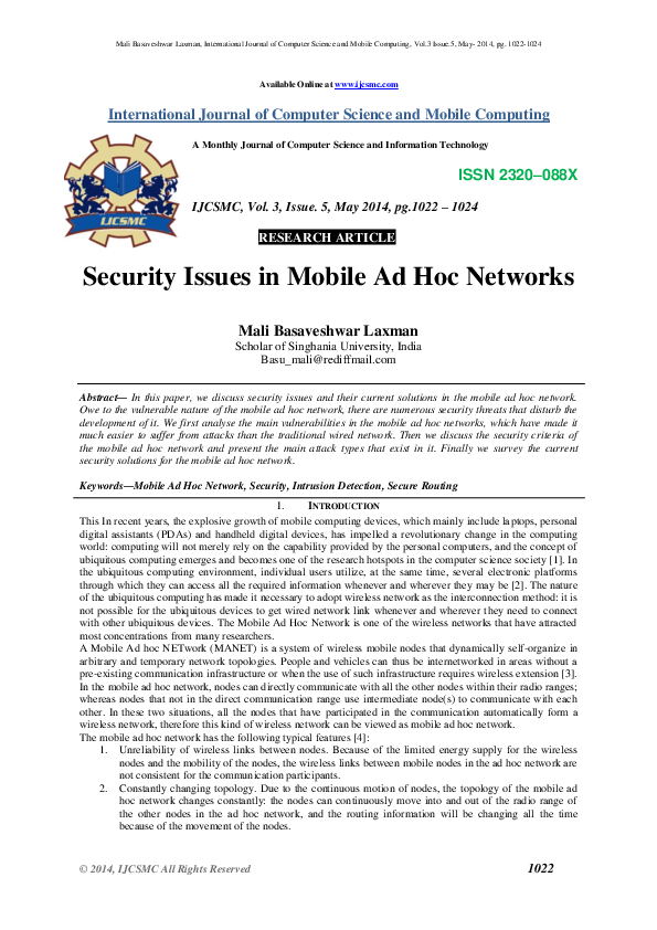 (PDF) Security Issues in Mobile Ad Hoc Networks