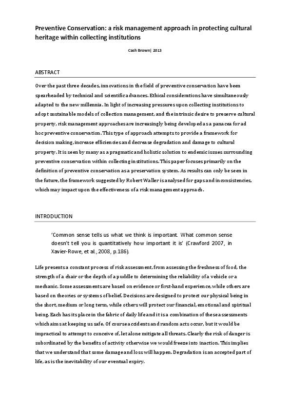 Pdf Preventive Conservation A Risk Management Approach In