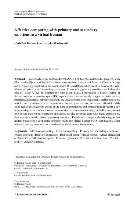 (PDF) Affective computing with primary and secondary emotions in a virtual human