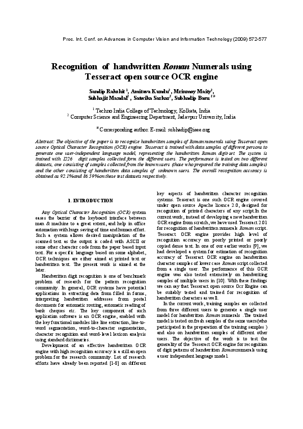 (PDF) Recognition of handwritten Roman Numerals using Tesseract open ...