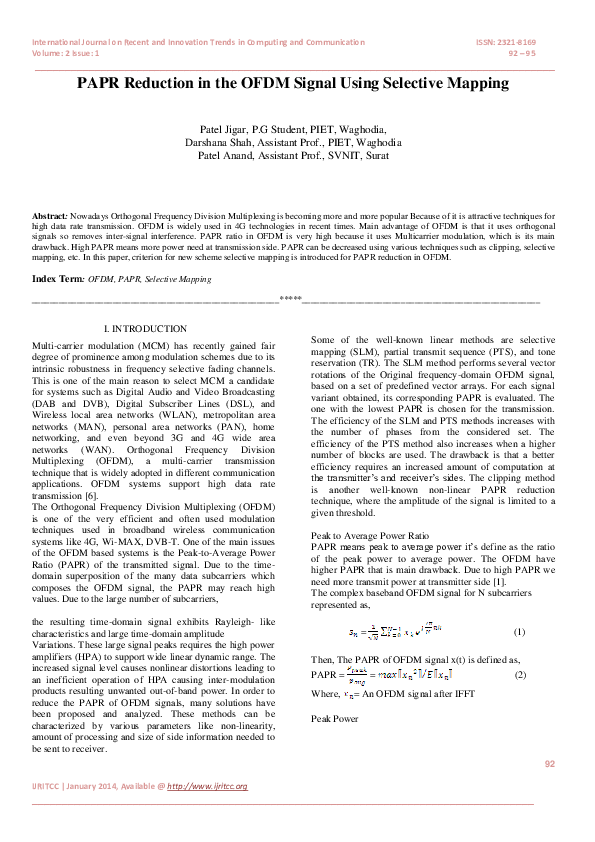 (PDF) PAPR Reduction in the OFDM Signal Using Selective Mapping (PDF) PAPR Reduction in the OFDM Signal Using Selective Mapping