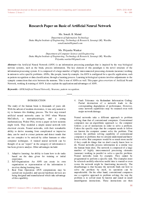 (PDF) Research Paper on Basic of Artificial Neural Network