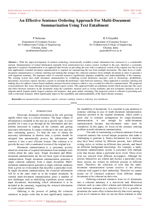 (PDF) An Effective Sentence Ordering Approach For Multi-Document Summarization Using Text Entailment