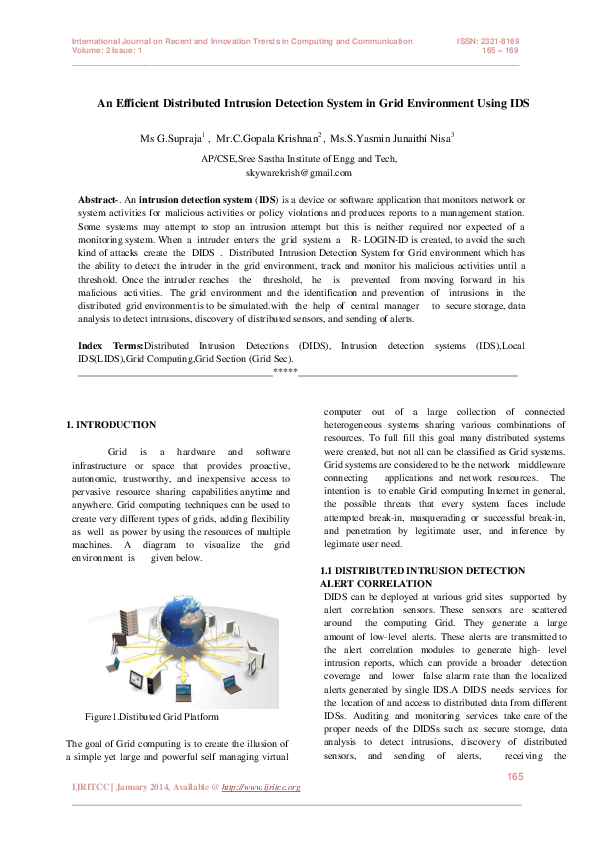 Pdf An Efficient Distributed Intrusion Detection System In Grid
