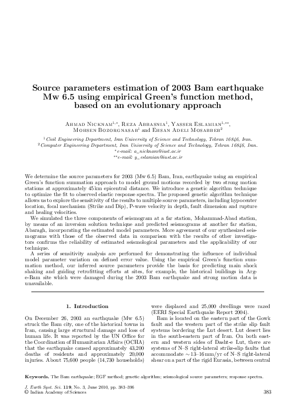 (PDF) Source parameters estimation of 2003 Bam earthquake Mw 6.5 using empirical Green's ...