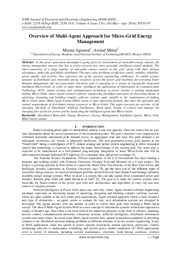 Pdf Overview Of Multi Agent Approach For Micro Grid Energy Management