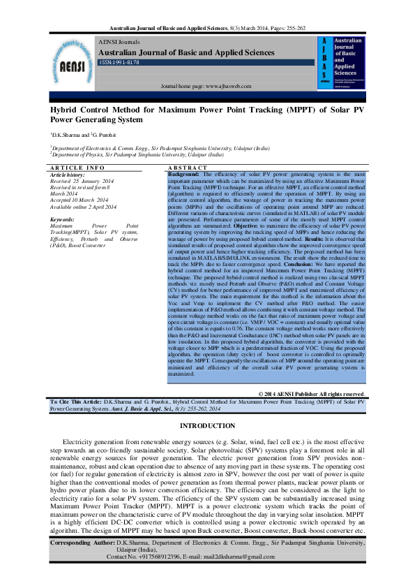 (PDF) Hybrid Control Method for Maximum Power Point Tracking (MPPT) of Solar PV Power Generating ...