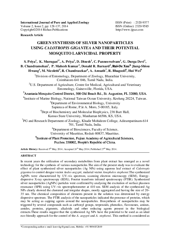 (PDF) GREEN SYNTHESIS OF SILVER NANOPARTICLES USING CALOTROPIS GIGANTEA AND THEIR POTENTIAL ...