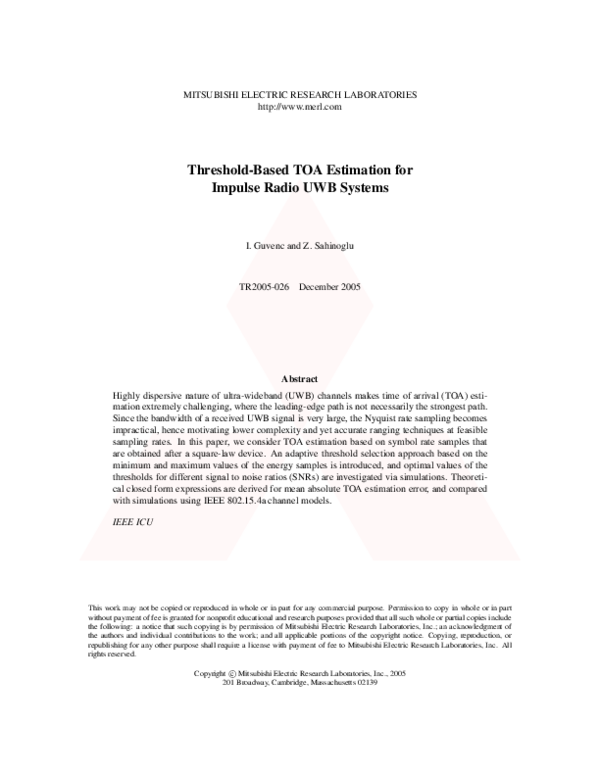(PDF) Threshold-based TOA estimation for impulse radio UWB systems