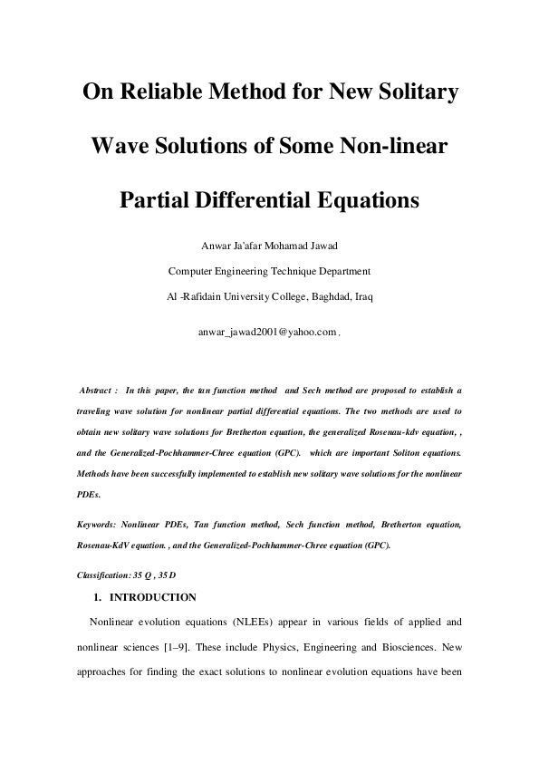 (PDF) On Reliable Method for New Solitary Wave Solutions of Some Non ...