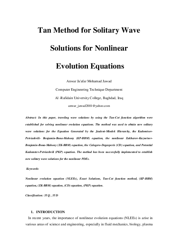 Pdf Tan Method For Solitary Wave Solutions For Nonlinear Evolution Equations