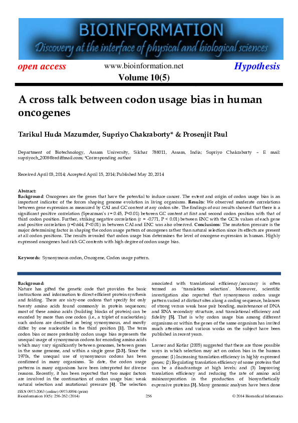 Pdf A Cross Talk Between Codon Usage Bias In Human Oncogenes