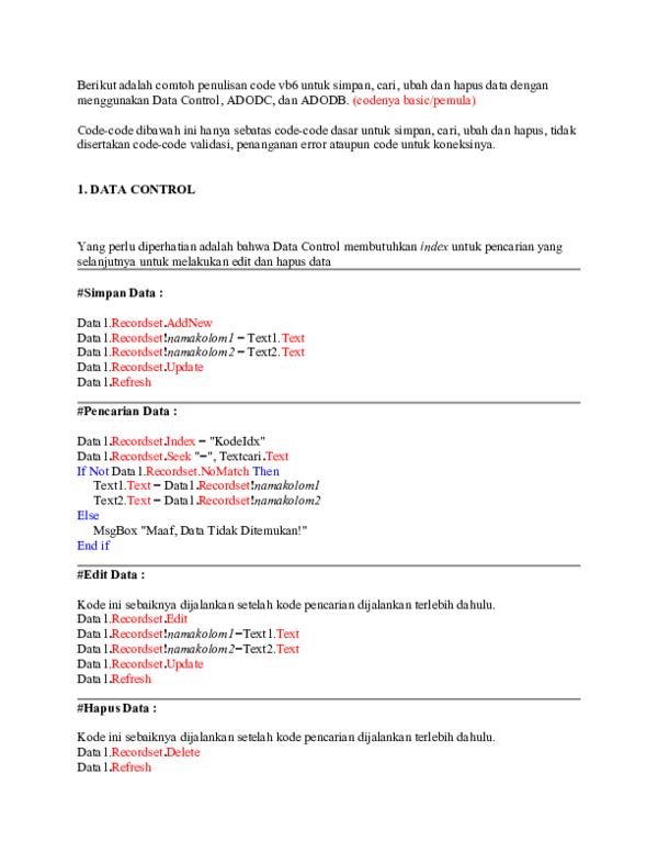 (DOC) Berikut adalah comtoh penulisan code vb6 untuk simpan | rohman amir - Academia.edu