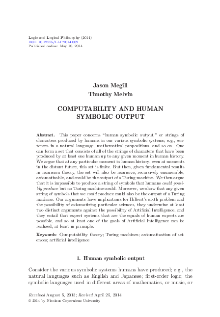 (PDF) Computability and Human Symbolic Output | Tim Melvin and Jason Megill - Academia.edu