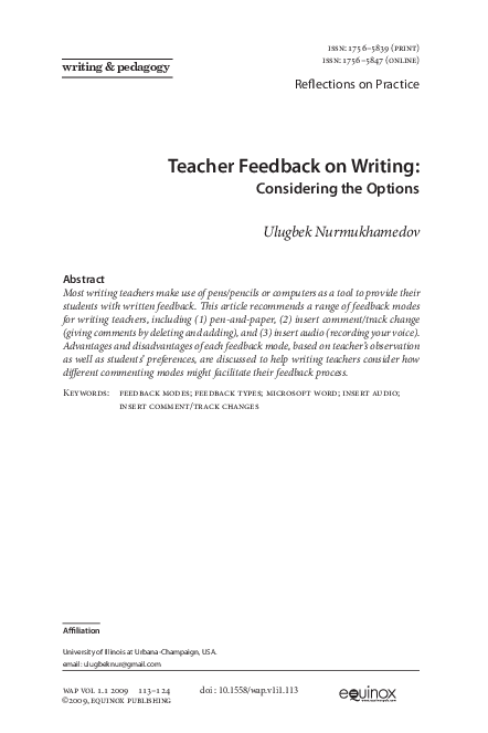 (PDF) Teacher Feedback on Writing: Considering the Options