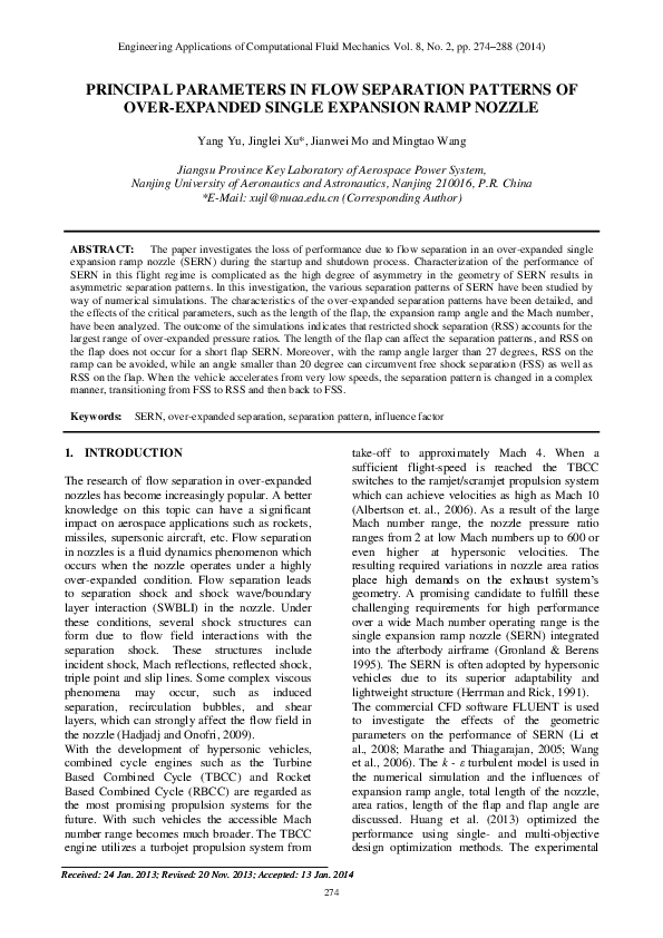 Pdf Principal Parameters In Flow Separation Patterns Of Over Expanded Single Expansion Ramp Nozzle
