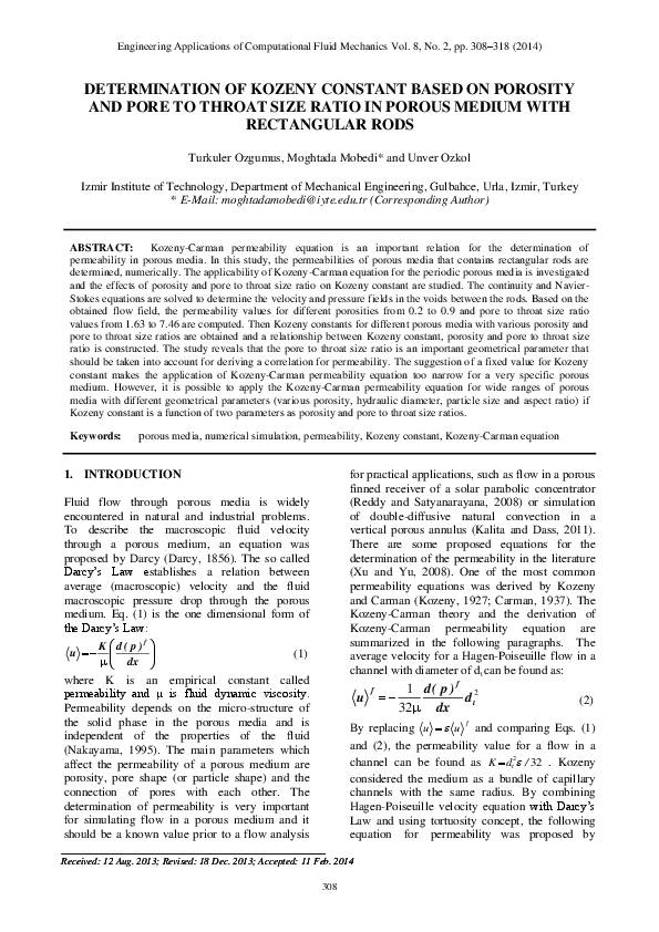 (PDF) Determination of Kozeny Constant Based on Porosity and Pore to ...