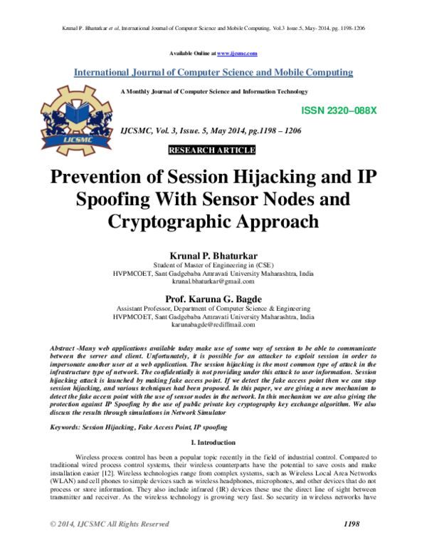 Pdf Prevention Of Session Hijacking And Ip Spoofing With Sensor Nodes And Cryptographic Approach﻿