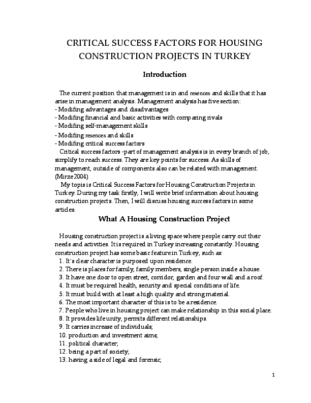 (DOC) CRITICAL SUCCESS FACTORS FOR HOUSING CONSTRUCTION PROJECTS IN ...