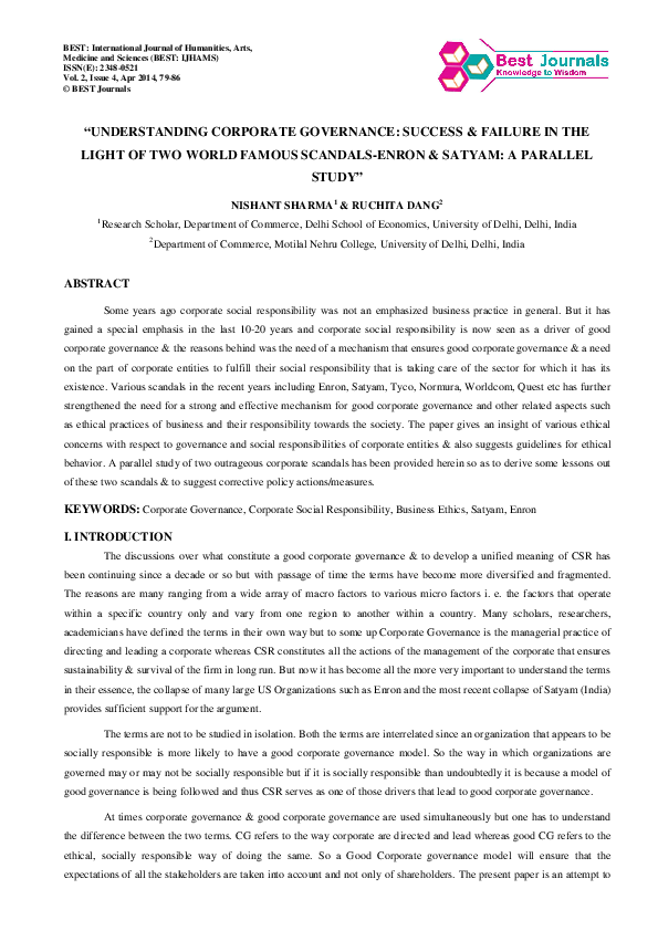 (PDF) “UNDERSTANDING CORPORATE GOVERNANCE: SUCCESS & FAILURE IN THE LIGHT OF TWO WORLD FAMOUS ...