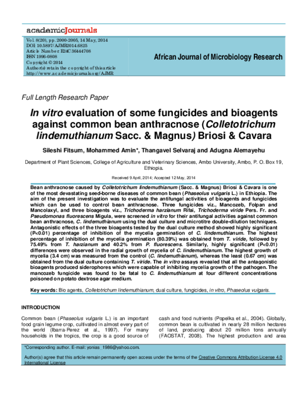 (PDF) In vitro evaluation of some fungicides and bioagents against common bean anthracnose ...