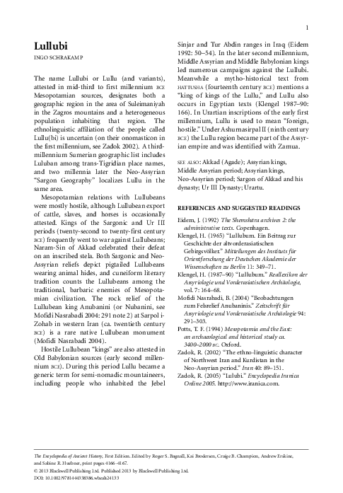 (PDF) Lullubi, in R. Bagnall et al. (Hg.), The Encyclopedia of Ancient ...