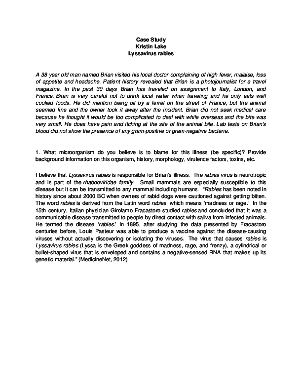 (DOC) Case Study: Lyssavirus rabies Contracted from Ferret Bite in France