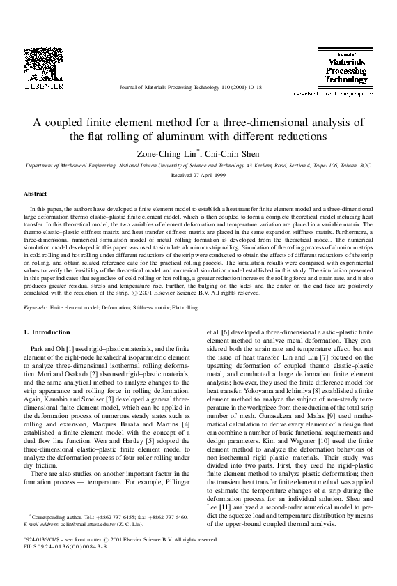 Pdf A Coupled Finite Element Method For A Three Dimensional Analysis Of The ¯at Rolling Of