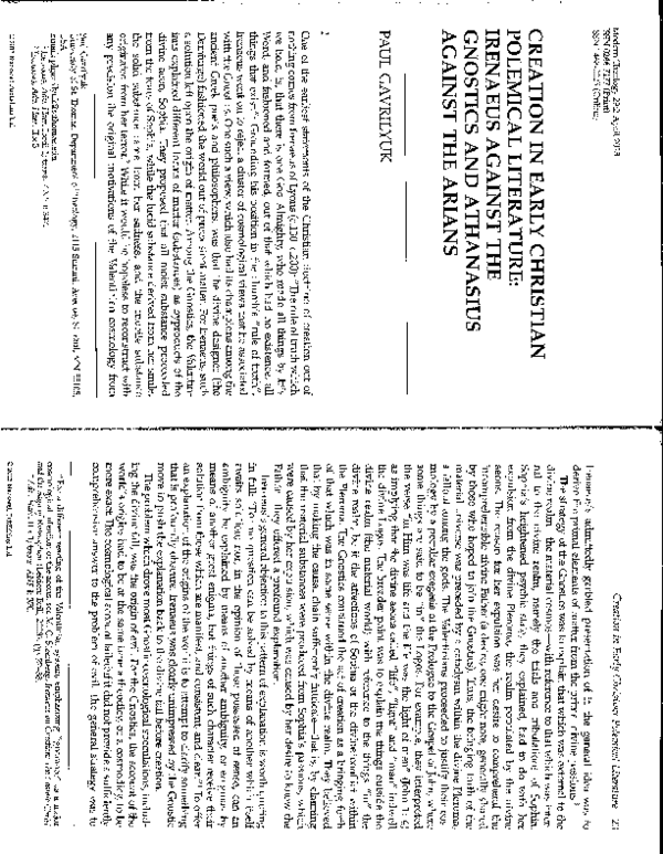 (PDF) 'Creation in Early Christian Polemical Literature: Irenaeus against the Gnostics and ...