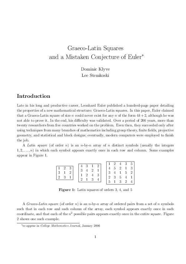 (PDF) Graeco-Latin Squares and a Mistaken Conjecture of Euler