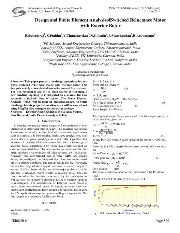Pdf Design And Finite Element Analysis Of Switched Reluctance Motor With Exterior Rotor