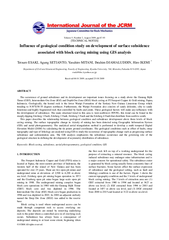(PDF) Influence of geological condition study on development of surface subsidence associated ...