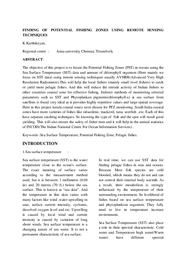 (PDF) FINDING OF POTENTIAL FISHING ZONES USING REMOTE SENSING TECHNIQUES