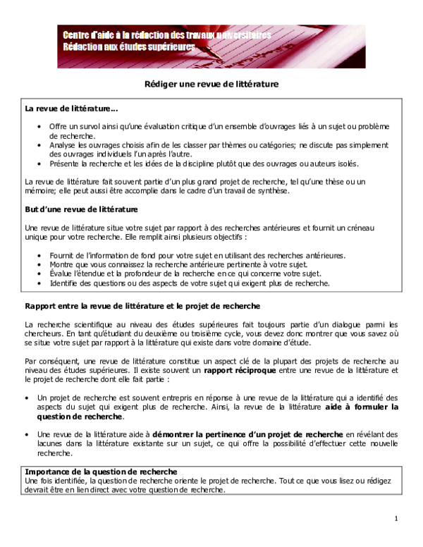 (PDF) Rédiger une revue de littérature