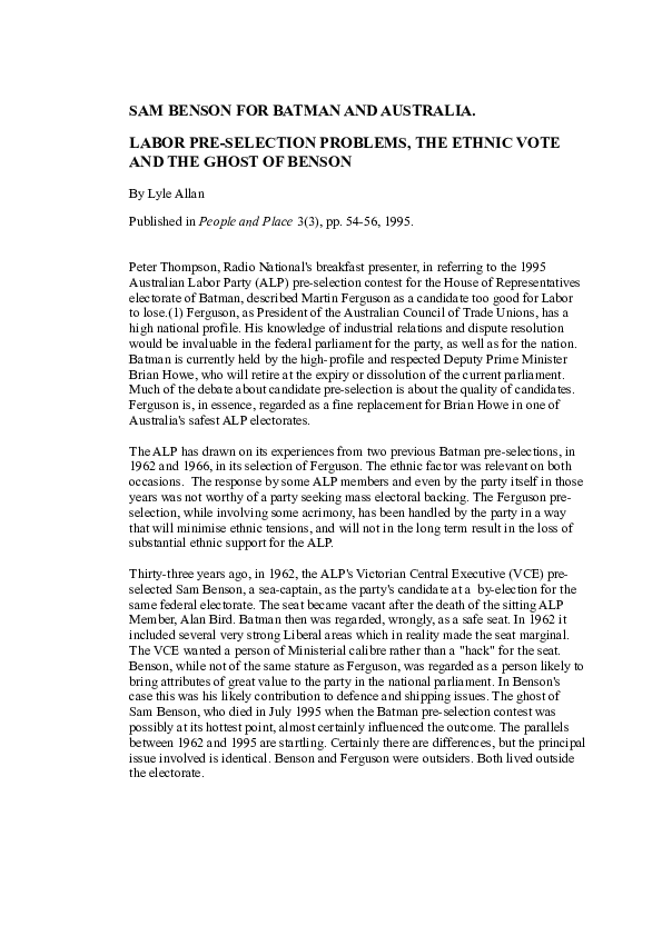 (DOC) SAM BENSON FOR BATMAN AND AUSTRALIA. LABOR PRE-SELECTION PROBLEMS ...