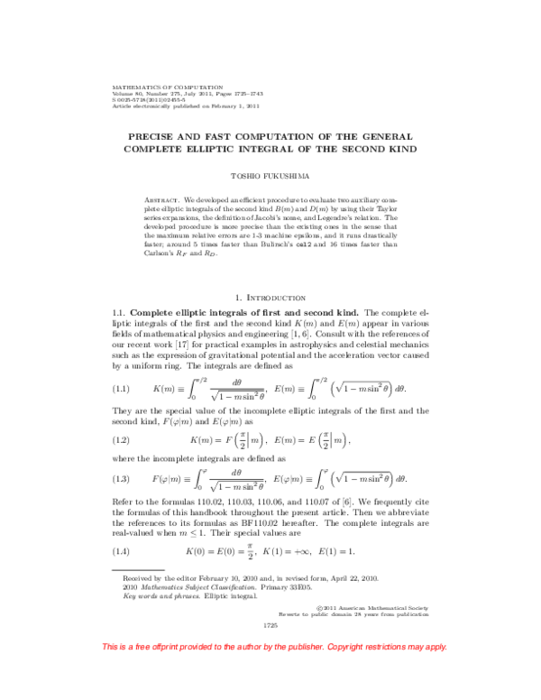 Pdf Precise And Fast Computation Of The General Complete Elliptic Integral Of The Second Kind