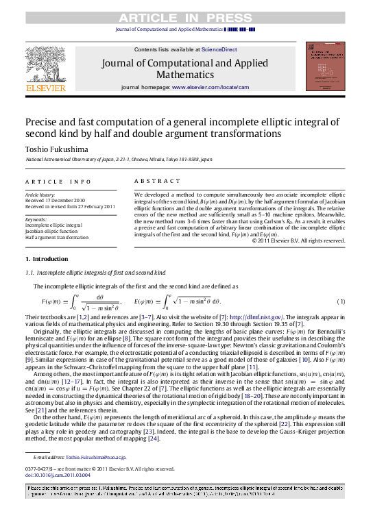 Pdf Precise And Fast Computation Of A General Incomplete Elliptic Integral Of Second Kind By