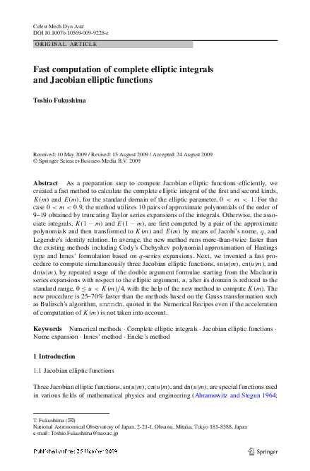 Pdf Fast Computation Of Complete Elliptic Integrals And Jacobian Elliptic Functions