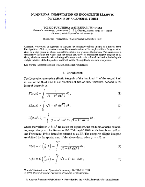 (PDF) Numerical computation of incomplete elliptic integrals of a ...