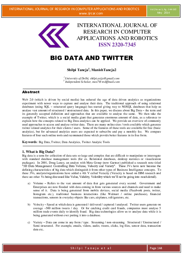 (PDF) Big Data Analytics Using Twitter Data