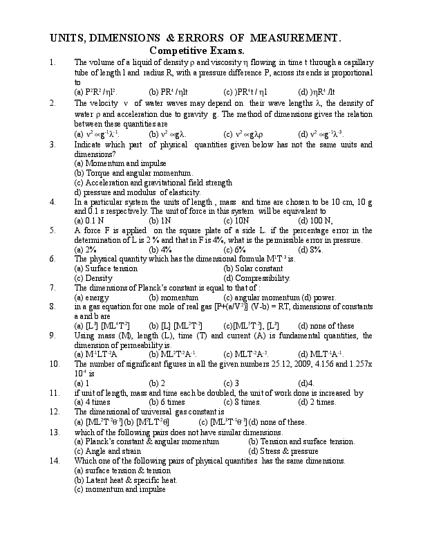 (DOC) UNITS, DIMENSIONS & ERRORS OF MEASUREMENT. Competitive Exams