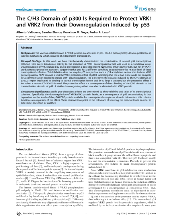 (PDF) The C/H3 Domain of p300 Is Required to Protect VRK1 and VRK2 from ...