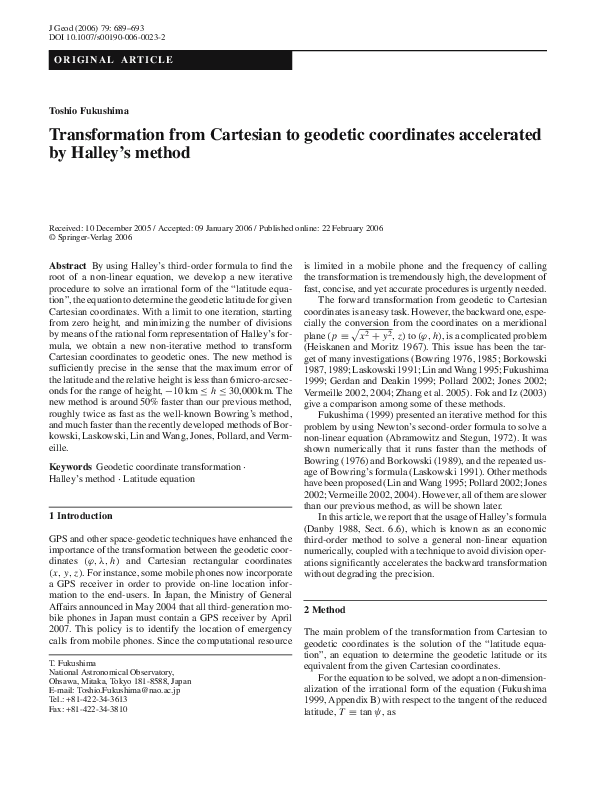 Pdf Transformation From Cartesian To Geodetic Coordinates Accelerated