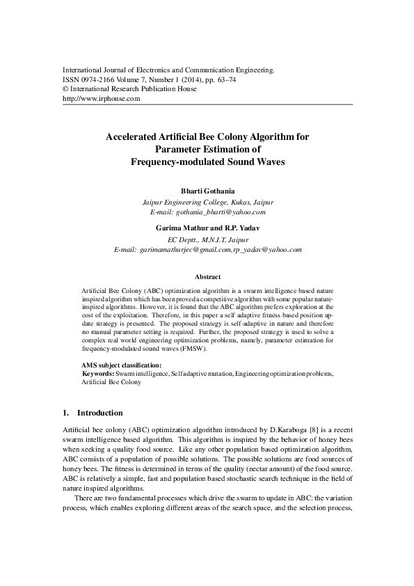 Pdf Accelerated Artificial Bee Colony Algorithm For Parameter Estimation Of Frequency