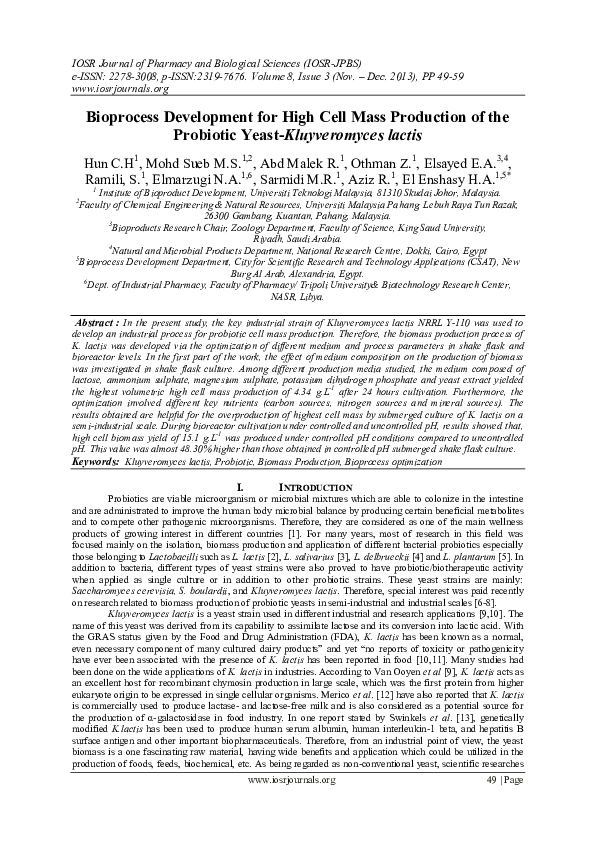Pdf Bioprocess Development For High Cell Mass Production Of The Probiotic Yeast Kluyveromyces