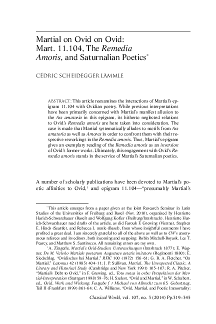 (PDF) "Martial on Ovid on Ovid. Mart. 11.104, The Remedia Amoris, and ...