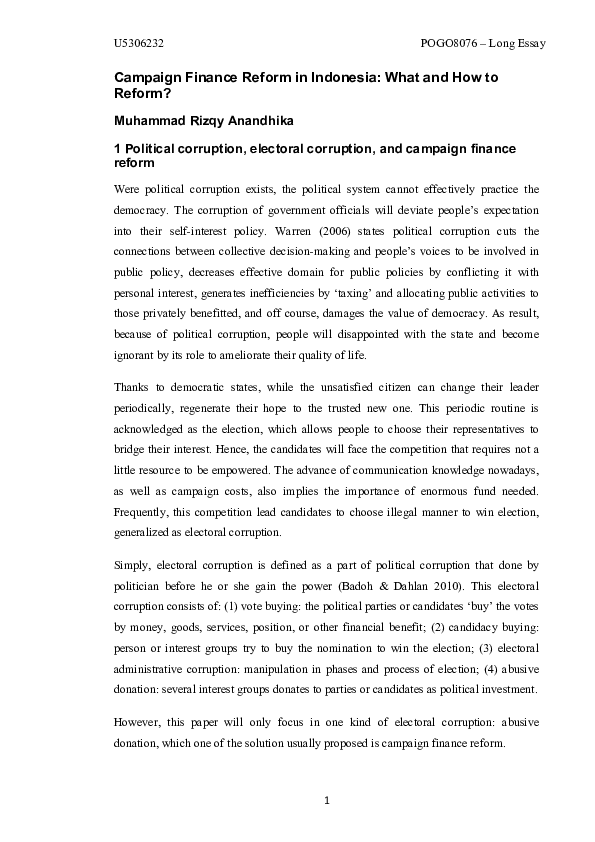 (PDF) Campaign Finance Reform in Indonesia: What and How to Reform?