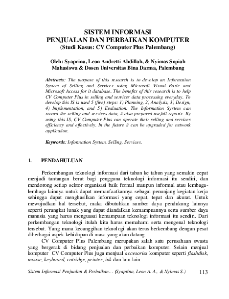(PDF) SISTEM INFORMASI PENJUALAN DAN PERBAIKAN KOMPUTER (Studi Kasus: CV Computer Plus Palembang