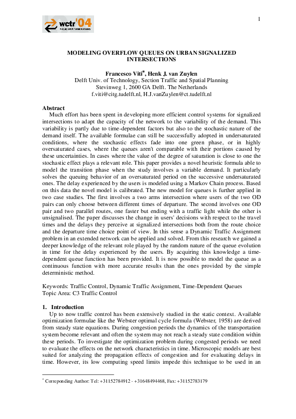 (PDF) MODELING OVERFLOW QUEUES ON URBAN SIGNALIZED INTERSECTIONS | Francesco Viti - Academia.edu